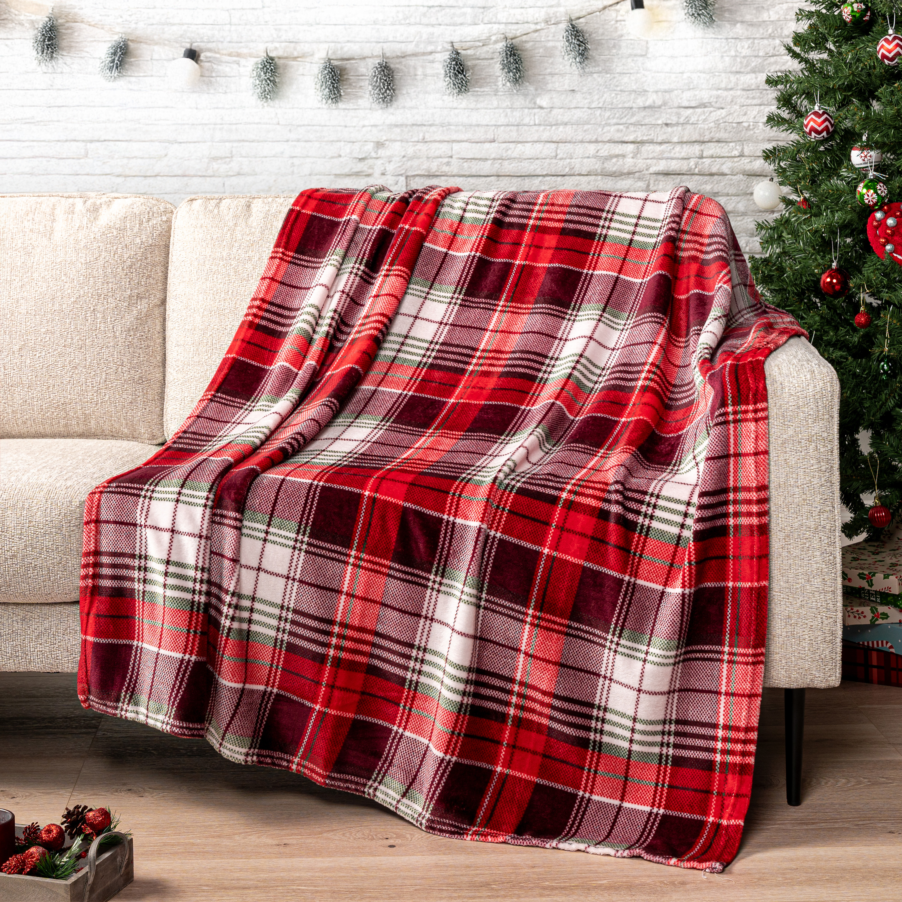 Christmas Blanket Plaid Checkered Holiday Theme Print Throw Fleece Sofa ...