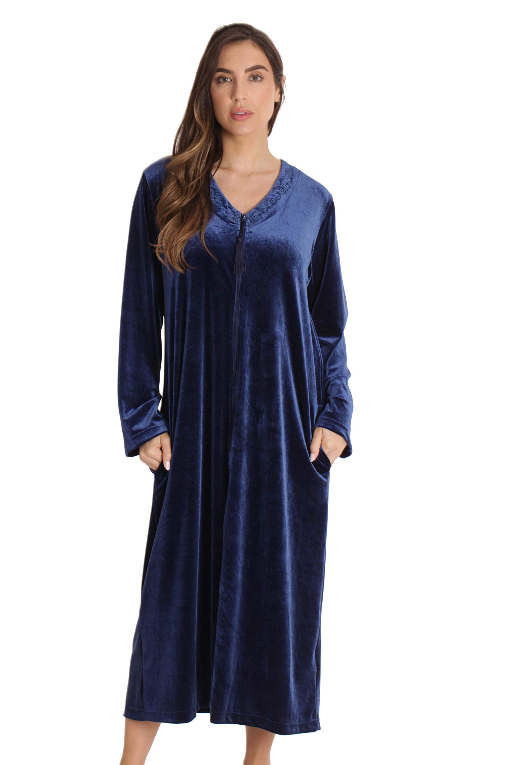 Just Love Stretch Velour Embroidered Zipper Lounger Robe for Women with ...