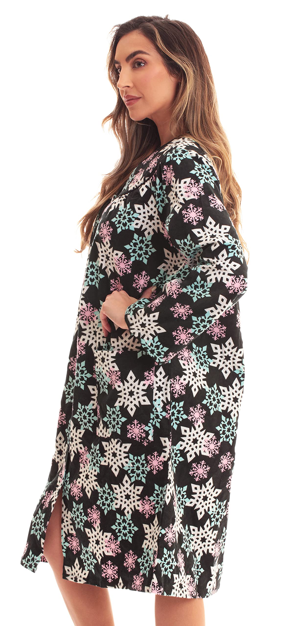 Dreamcrest Women’s Snap-Front House Coat Flannel Duster Robe with ...