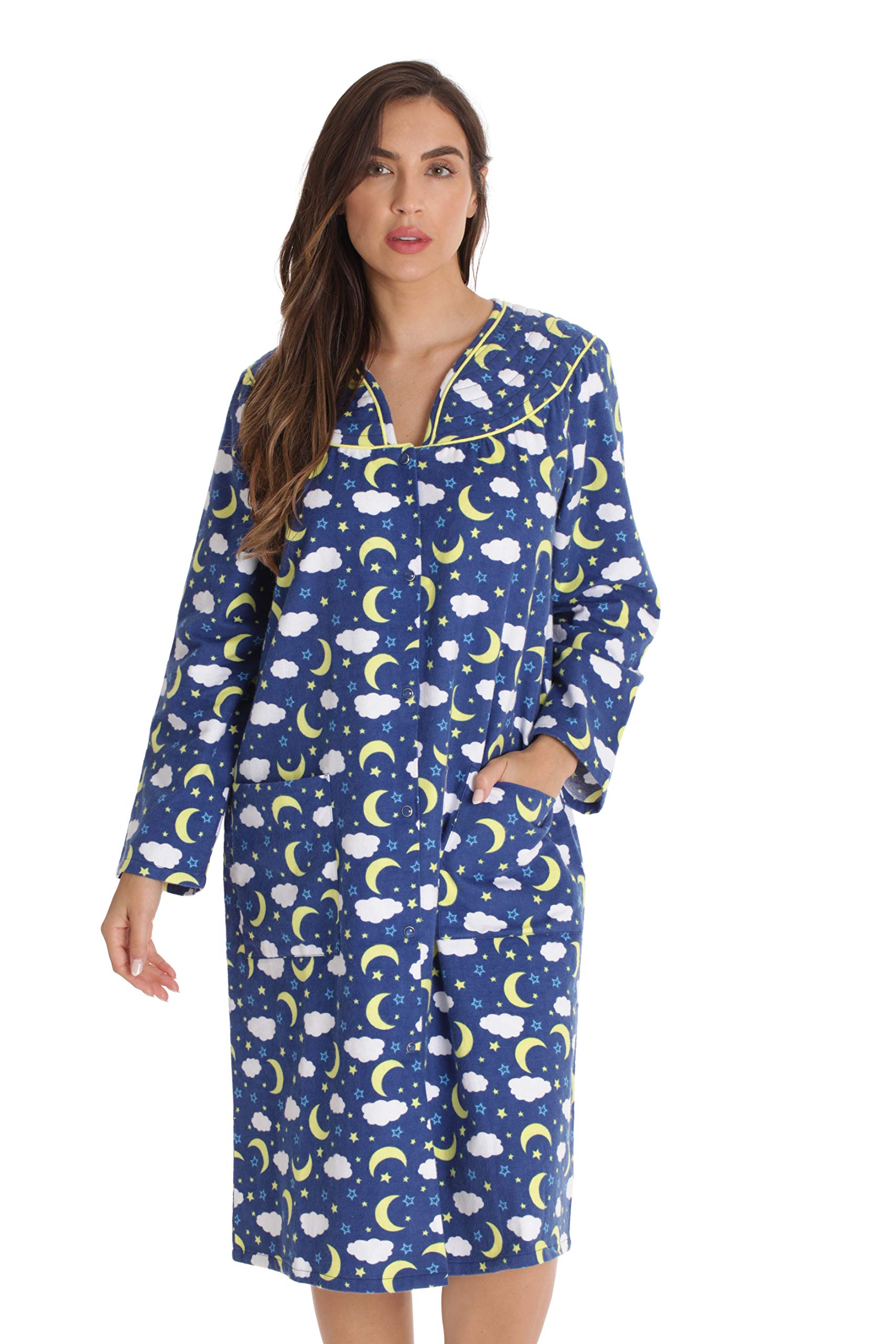 Dreamcrest Women’s Snap-Front House Coat Flannel Duster Robe with ...