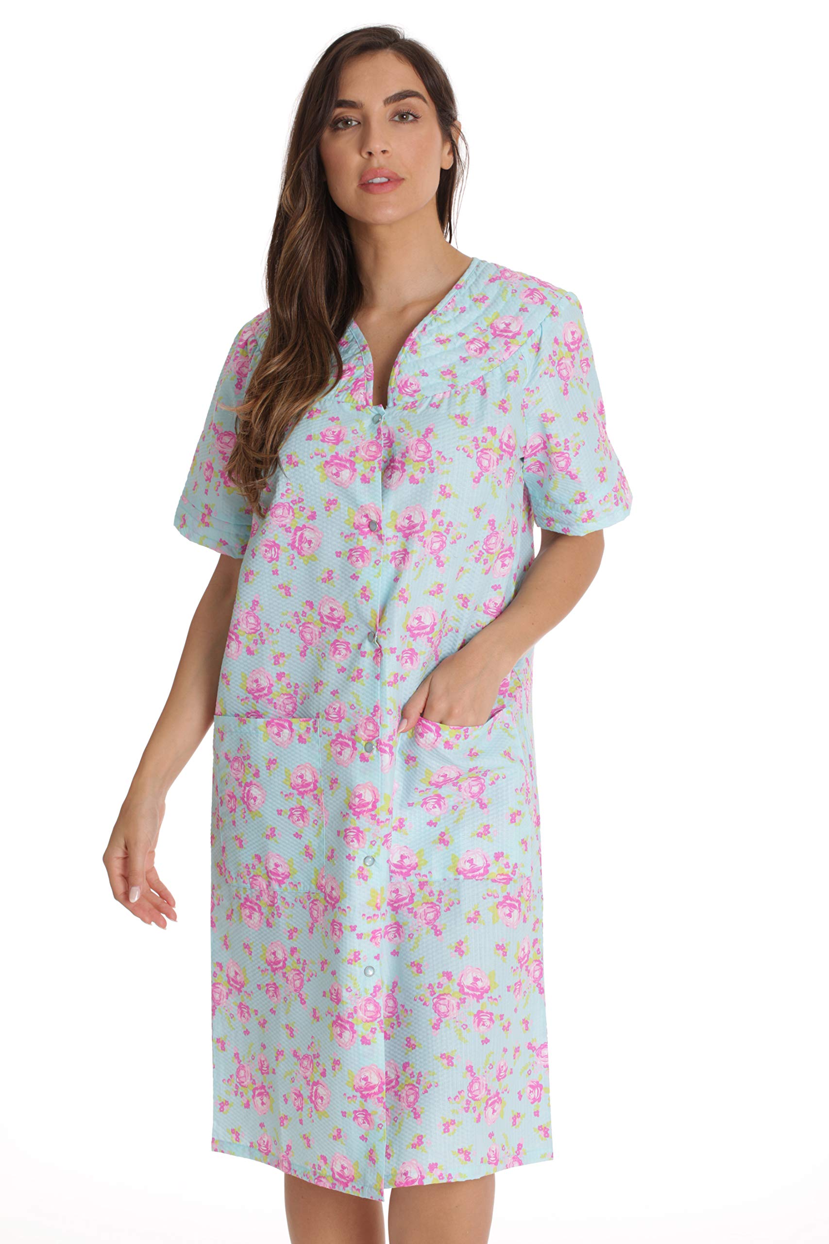 Dreamcrest Women's Seersucker Housecoat Duster - Short Sleeve Snap ...