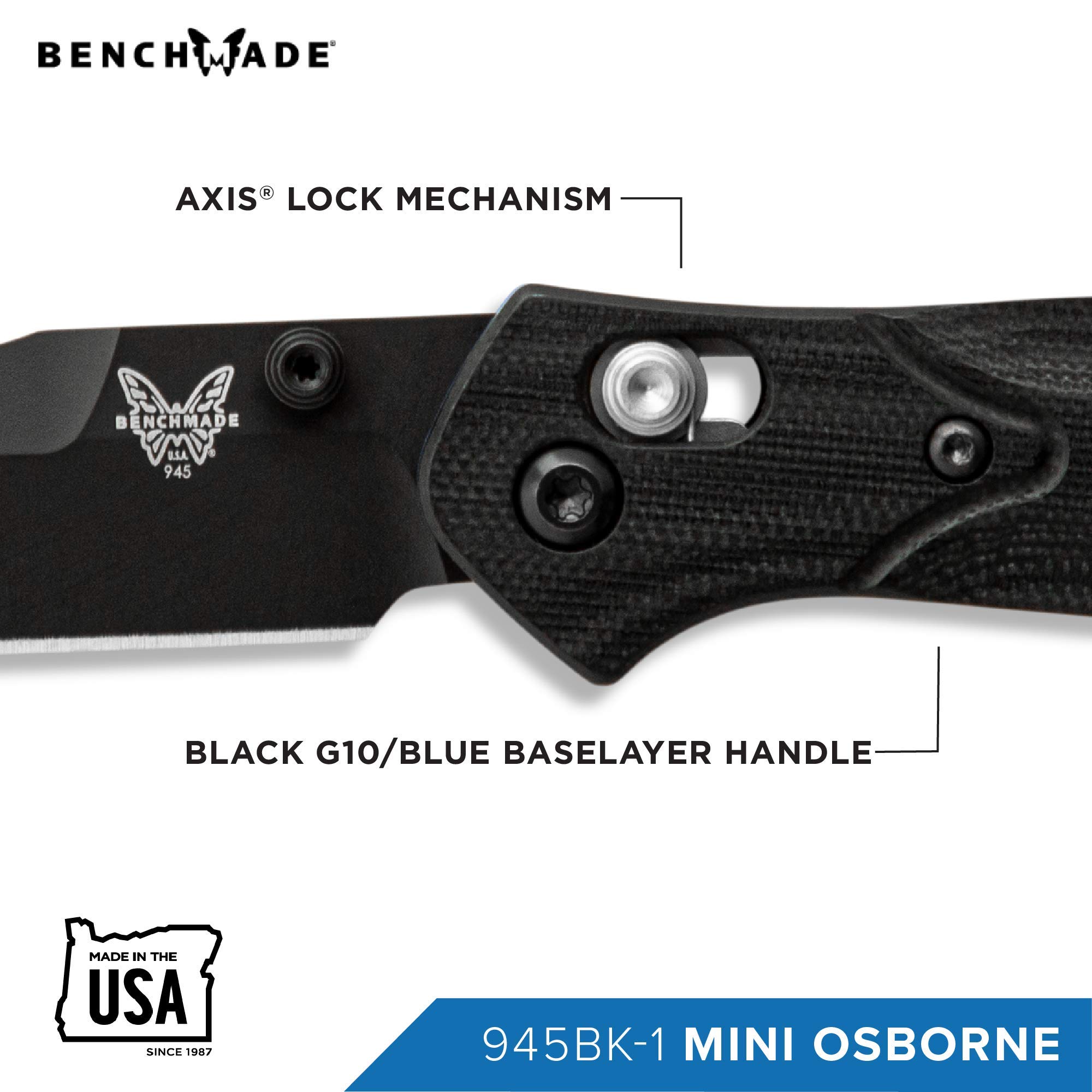 Benchmade - Mini Osborne 945 Folding Knife with Black G10 Handle (945BK ...