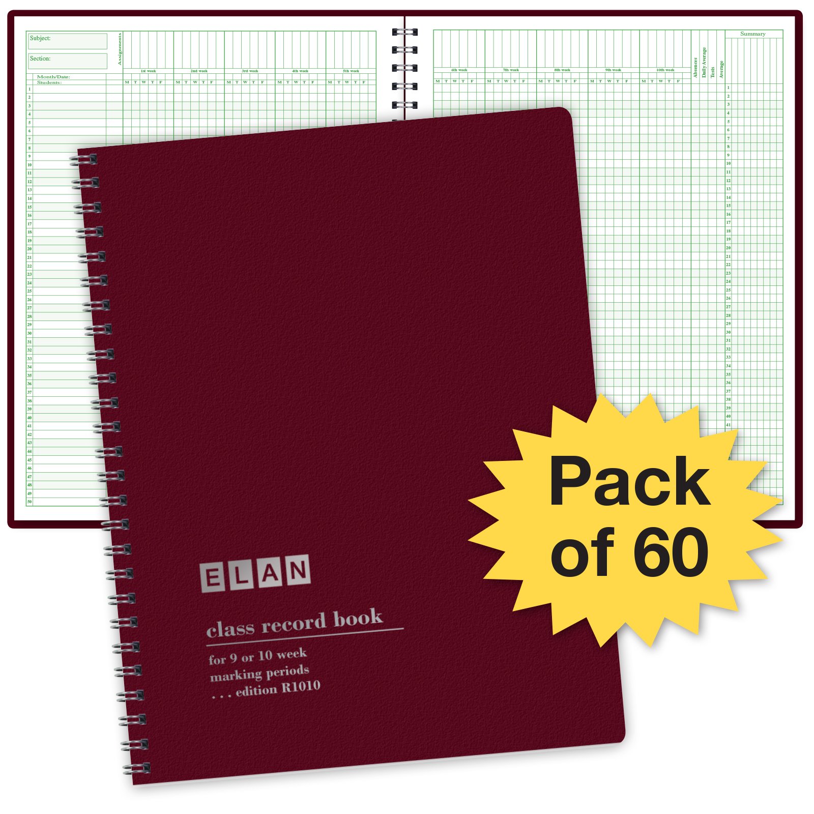 Elan Publishing Company Class Record Book for 9-10 Weeks. 50 Names ...