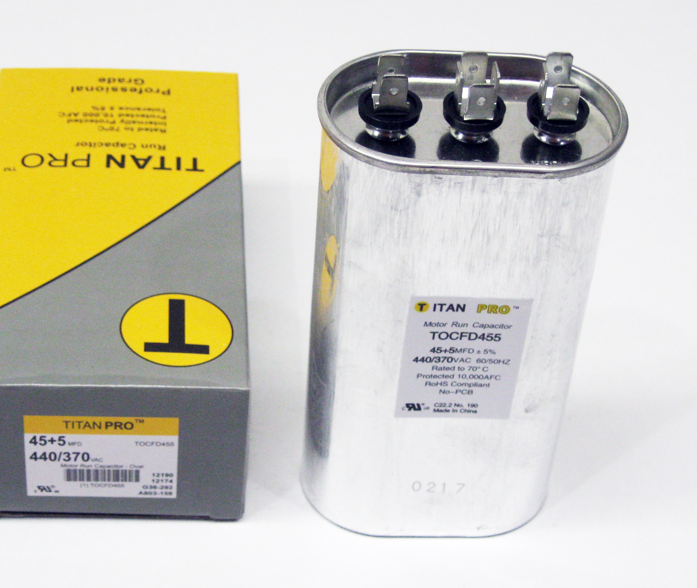 TitanPro TOCFD45/5 HVAC Oval Motor Run Dual Capacitor. 45/5 MFD/UF 440/ ...